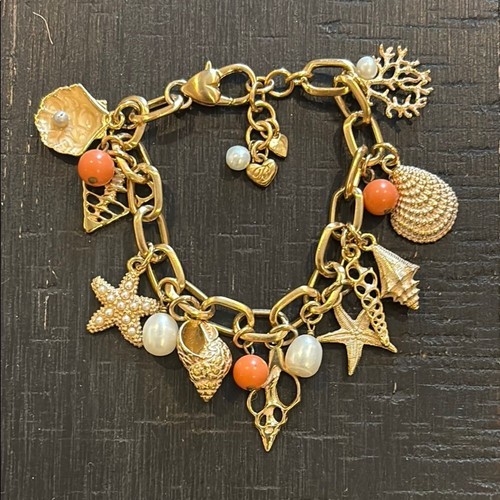 Brighton Bracelet Sea Charms Pearl Coral Orange Gold Tone Chain ...