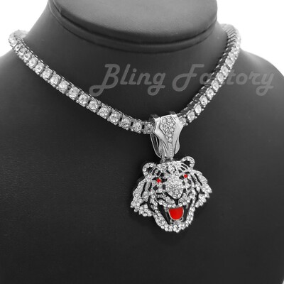 Silver PT TIGER Pendant & 16" 18" 20" 1 Row Iced Tennis Chain Bling ...