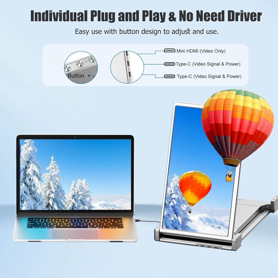 FHH Laptop Screen Extender, 14" FHD 1080P Triple Monitor for 13.3"-16.5 ...