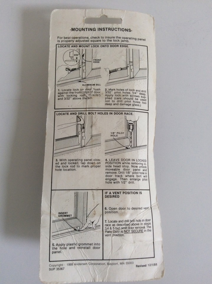 Andersen Gliding Patio Door Auxiliary Security Foot Lock New Sealed NOS ...