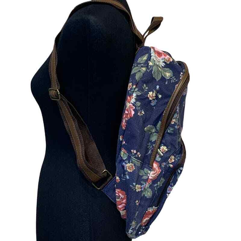 Navy Blue Pink Floral Faux Leather Trimmed Machine Washable Backpack ...