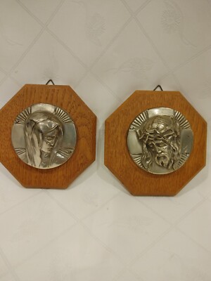 Vtg Religious Pair Metal Figure On Wood | eBay