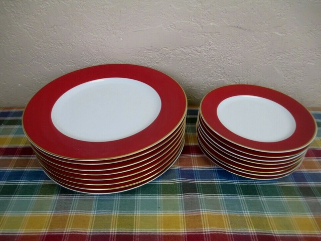 TEN Strawberry Street Red & White w/Gold Rim Dinner Salad Plates *by ...