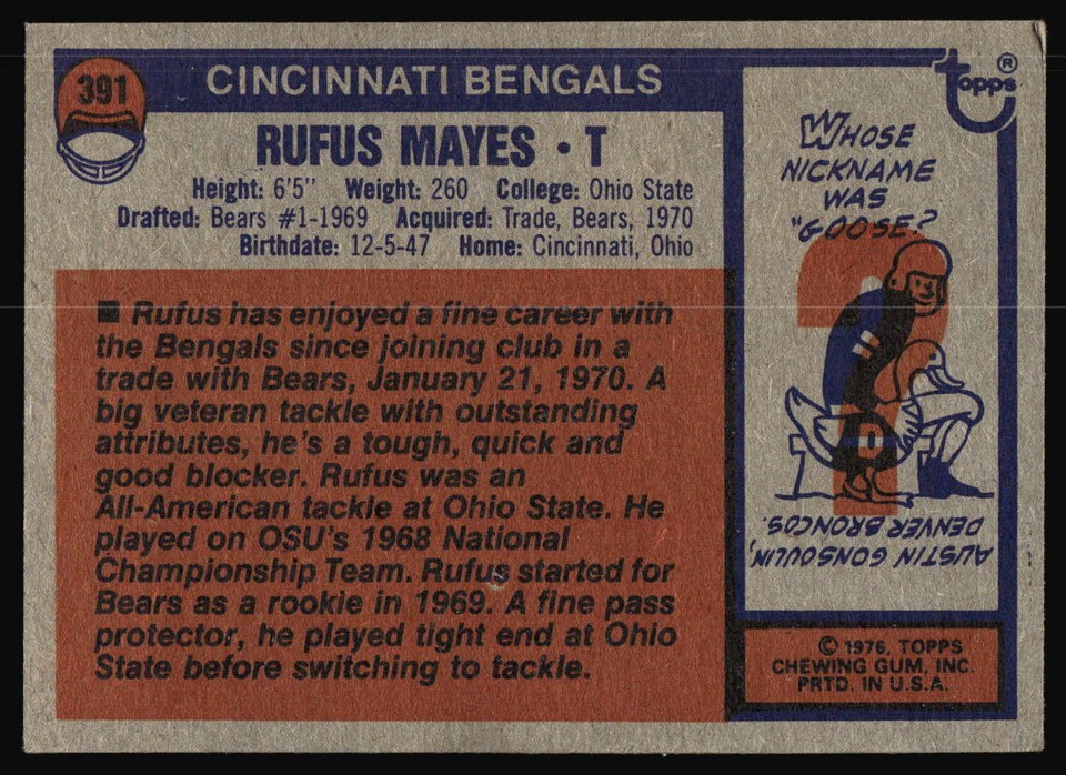 1976 Topps Rufus Mayes #391 Cincinnati Bengals | eBay