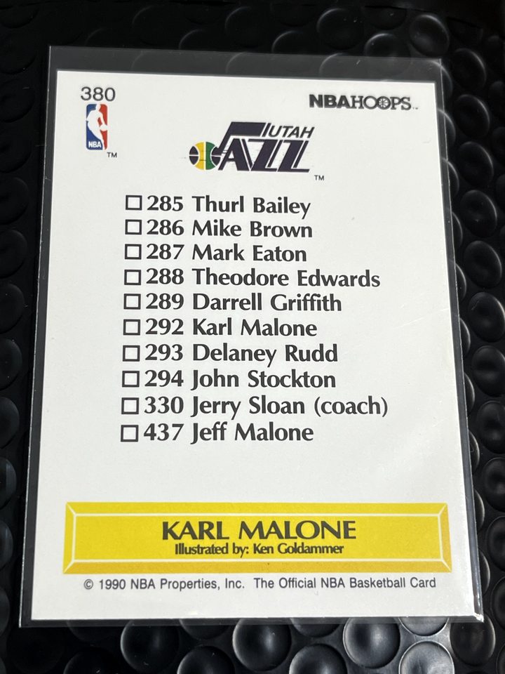 1990-91 NBA Hoops Basketball Karl Malone Checklist #380 Art by Ken ...