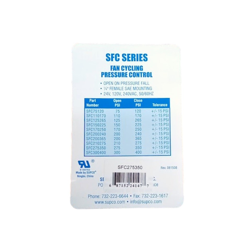 Supco SFC275350 Condenser Fan Cycling Switch Open: 275 PSI Close: 350 ...