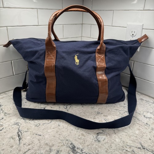 Polo Ralph Lauren Canvas Leather Trim Duffel Weekender Travel Bag Navy ...