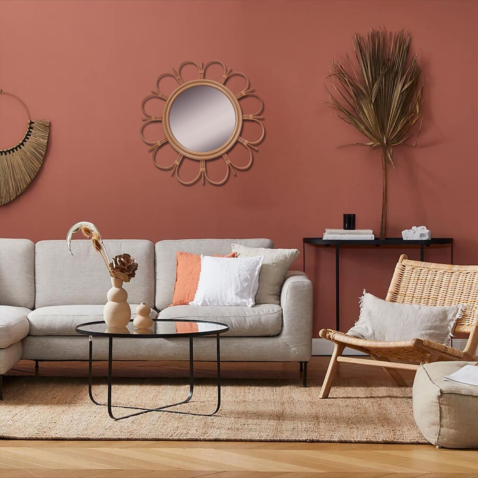 27" Handmade Farmhouse Large Rattan Mirror for Wall Decor, Round ...