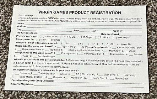 Virgin Games Product Registration Sega Nintendo *REGISTRATION CARD ONLY ...