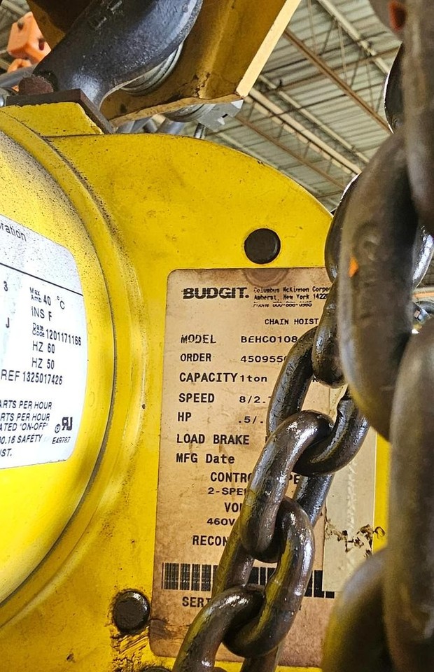 1 Ton Budgit BEHC0108 Electric Hoist, 8 FPM Pendant Control & Trolley ...