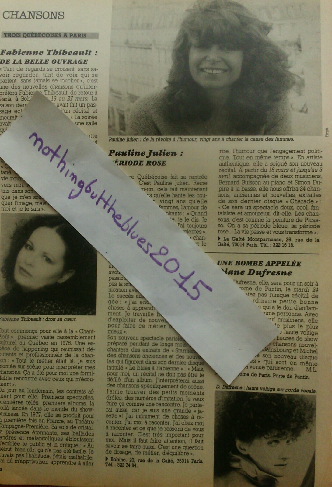 Diane Dufresne Fabienne Thibeault Pauline Julien clipping 1982 | eBay