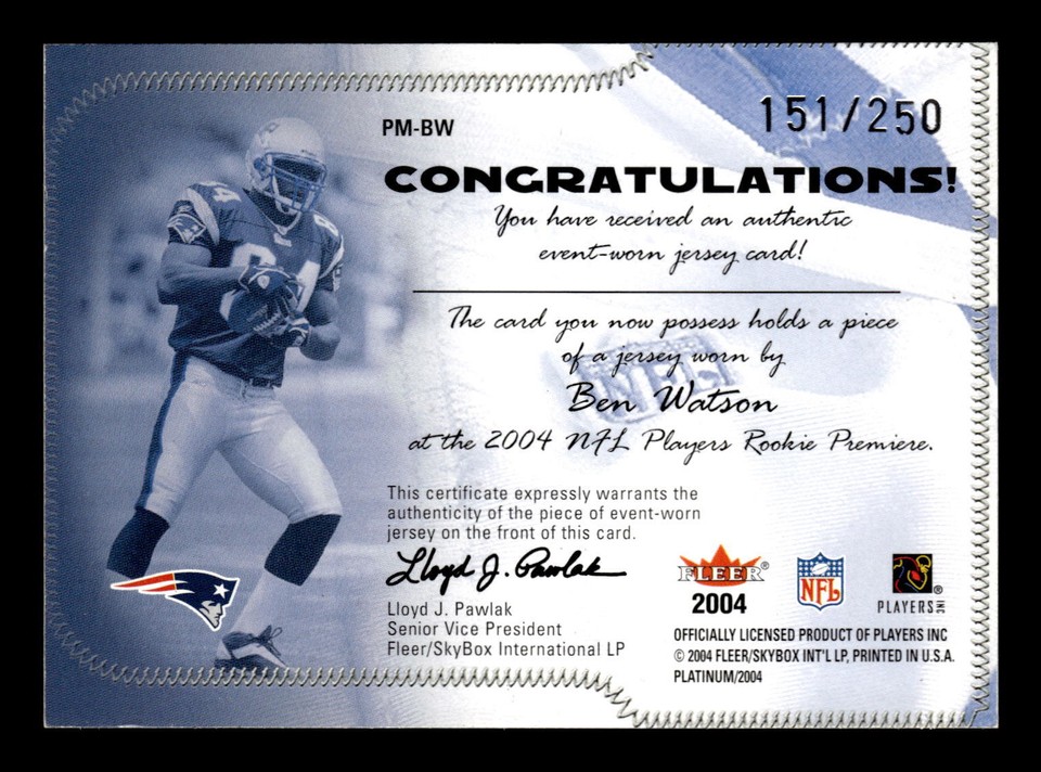 Ben Watson 2004 Fleer Platinum #PM-BW New England Patriots Pro Material ...