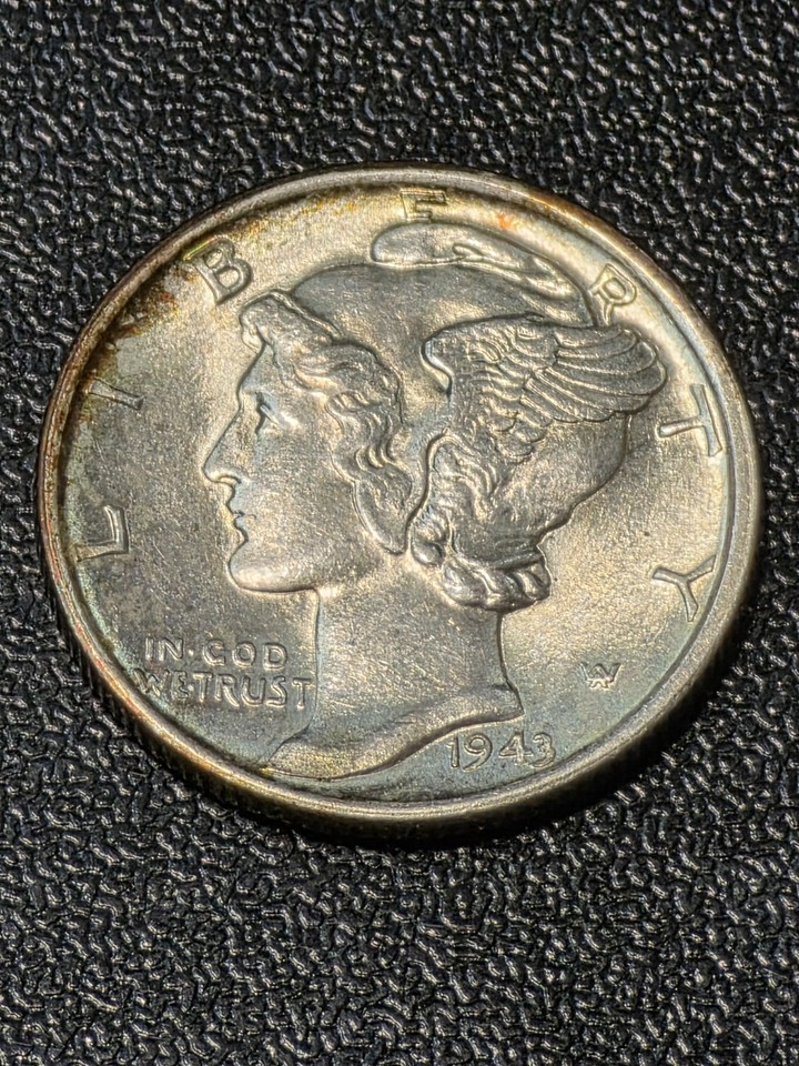 1943 D Mercury Silver Dime - Reverse Rainbow Toning - BU UNC MS #ADR ...