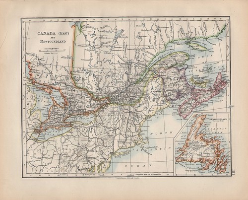 1900 VICTORIAN MAP ~ CANADA EAST & NEWFOUNDLAND ~ ONTARIO NEW BRUNSWICK ...
