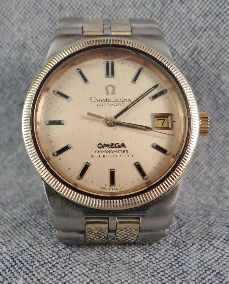 1980s OMEGA CONSTELLATION STAINLESS & 14KT GOLD AUTOMATIC DATE GENTS ...
