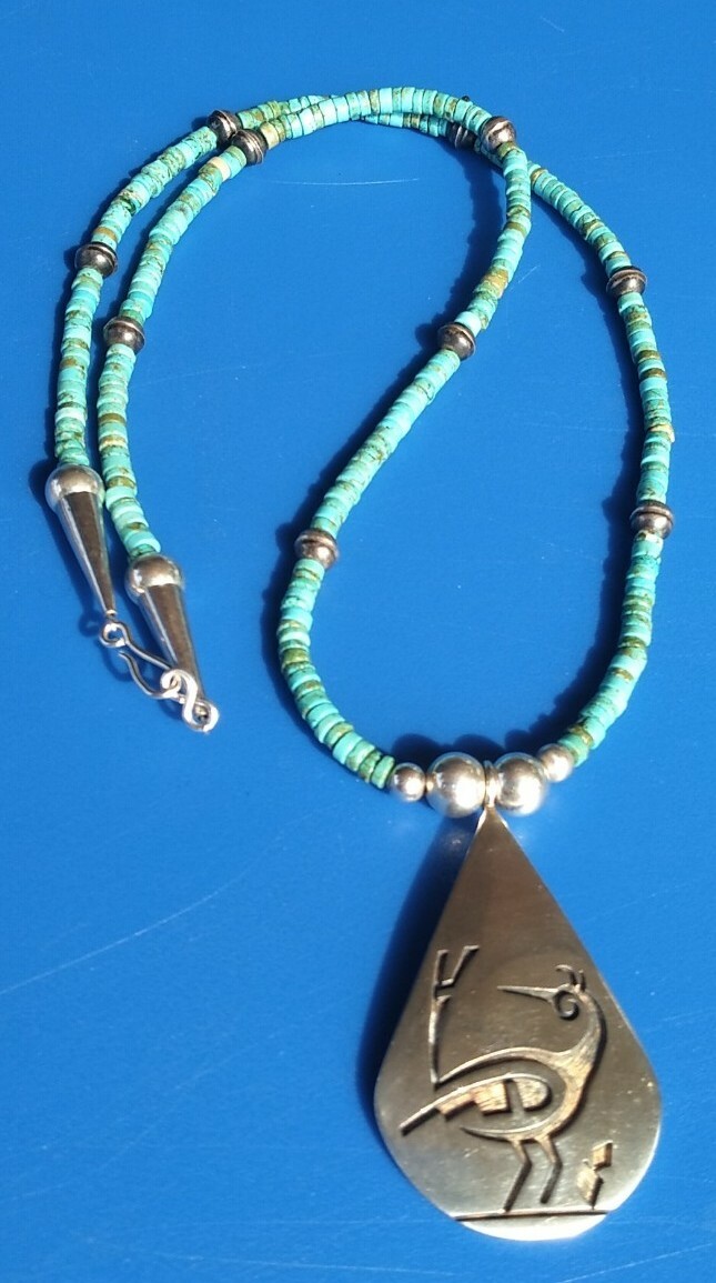 Sterling Silver HOPI Roadrunner Overlay Pendant 22"Be… - Gem