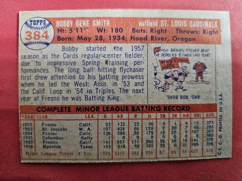 1957 Topps #384 Bobby Gene Smith Rookie St. Louis Cardinals | eBay