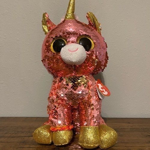 TY Flippables SUNSET Unicorn Large 11" Beanie Boos Plushie Pink & Gold ...