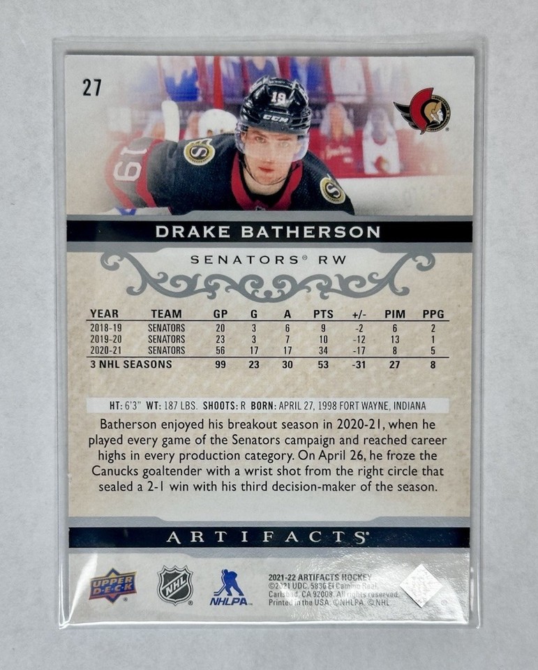 Drake Batherson #27 2021–22 Upper Deck Artifacts – Ottawa Senators | eBay