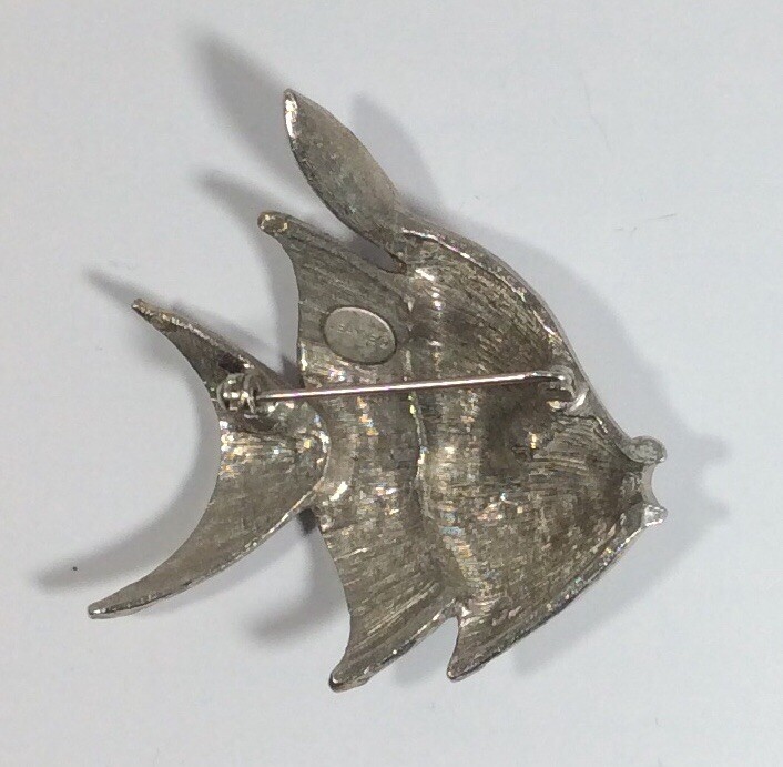 Vtg Brooch Pin Angel Fish Clear Black Rhinestones Pewter Color Signed ...