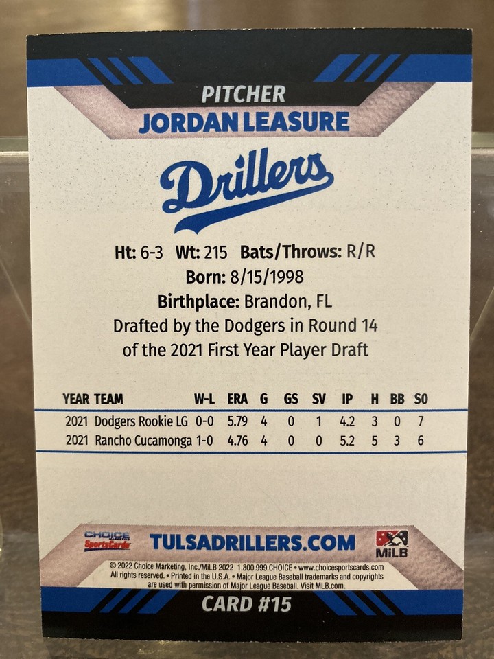 2022 Choice Jordan Leasure Tulsa Drillers Minor League Card #15 White ...