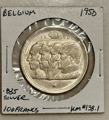 1950 Belgium 100 Francs (French Text - Coin Alignment) Silver Coin - KM ...