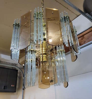 Smoked Beveled Glass Panels And Glass Rods, Brass 2 Tier 7 Bulb ...