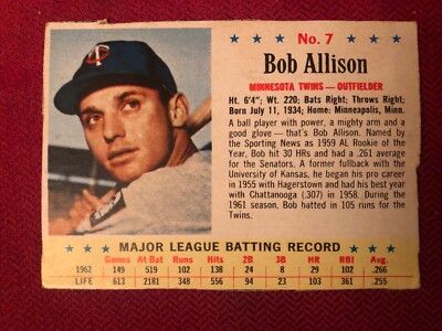 1963 Post Baseball #7 Bob Allison, Minnesota Twins | eBay