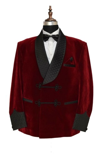 Elegant Mens Quilted Red Smoking Velvet Jacket Wedding Dinner Frogging ...