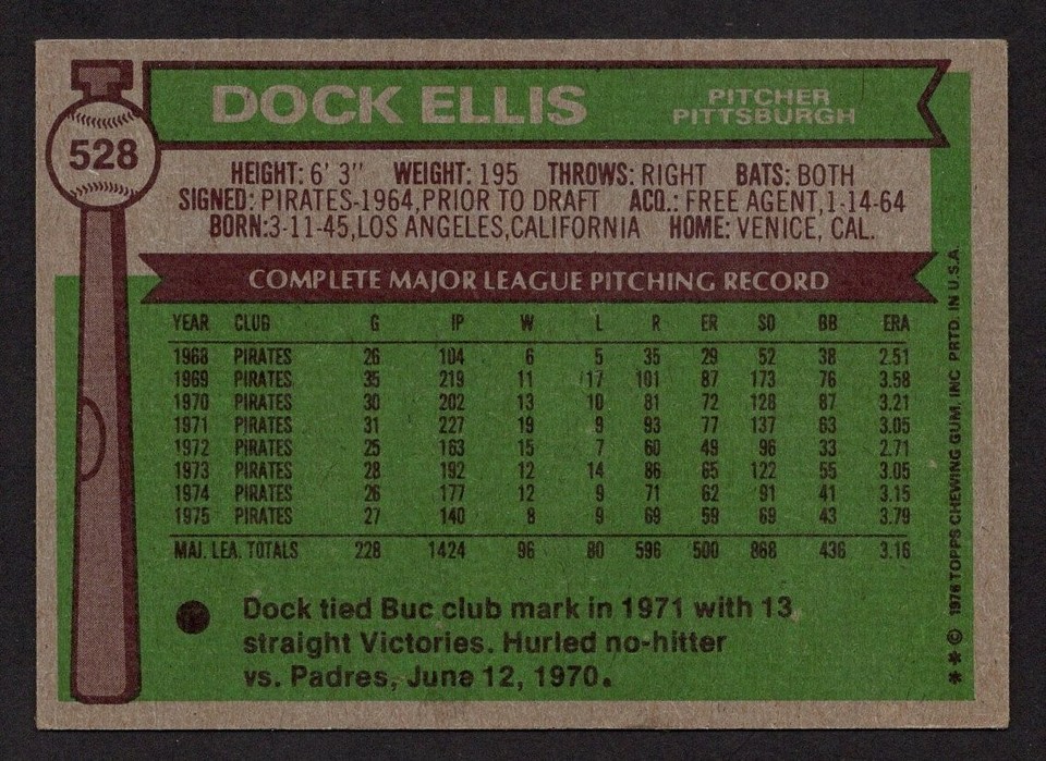 1976 Topps Baseball Card #528 Dock Ellis Pittsburgh Pirates EX+ *eb | eBay