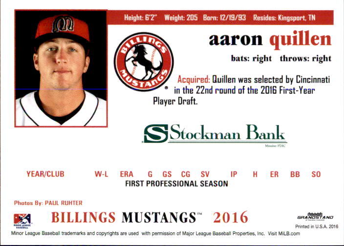2016 Billings Mustangs Grandstand #26 Aaron Quillen Kingsport Tennessee ...