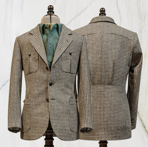 Wool Men's Suit Safari Jacket Houndstooth Casual Outdoor Warm Hunting ...