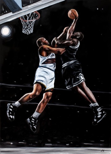 ORIGINAL handmade signed oil painting. 28x20''. Basketball players ...