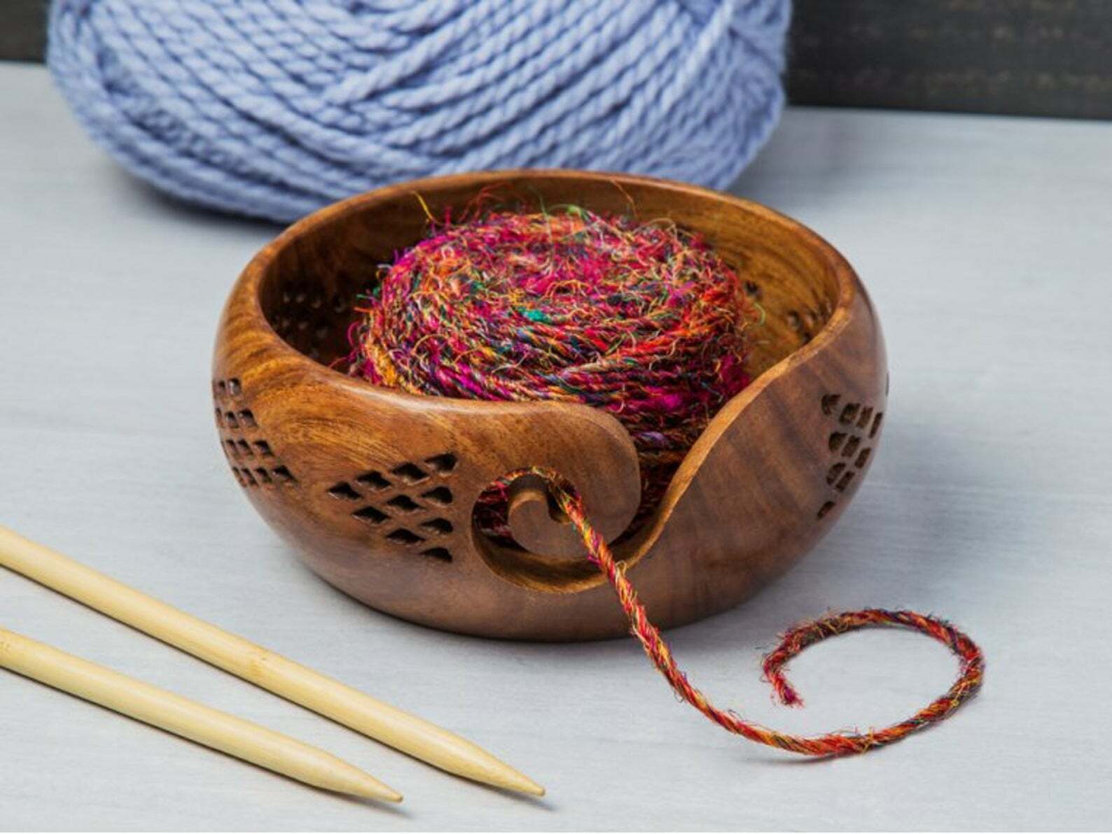 Wooden Yarn Bowl Holder Skeins Knitting Crochet Thread Storage Box w ...