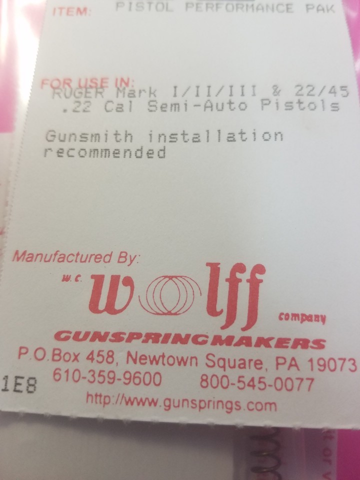 Wolff Pistol Preformance Spring Pak for Ruger mark 1, 2, 3, and 22/45 ...