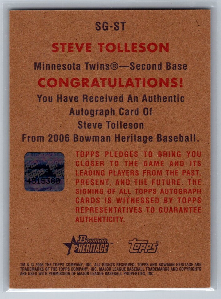 2006 Bowman Heritage #SG-ST Steve Tolleson Auto Minnesota Twins Card ...