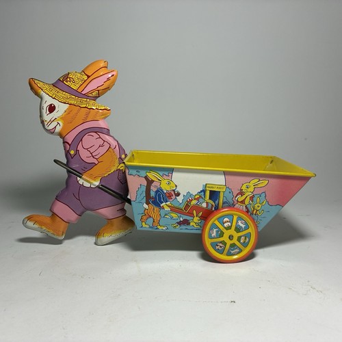 Vtg 1950's J Chein & Co. Easter Bunny Rabbit Pulling Cart Tin Litho Toy ...
