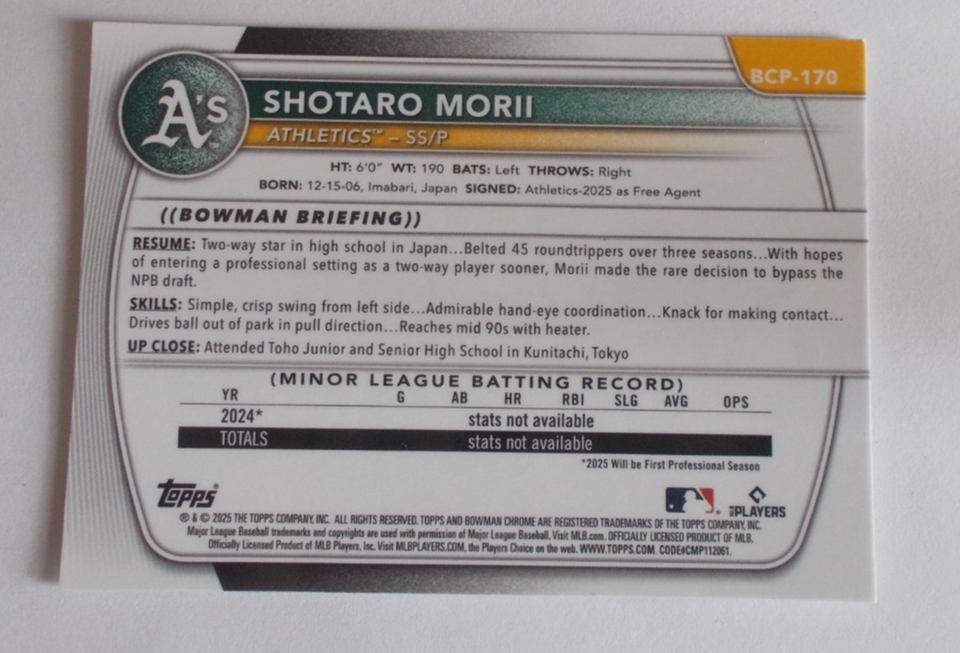 2025 Bowman Chrome Baseball Shotaro Morii 1st Bowman Chrome | eBay