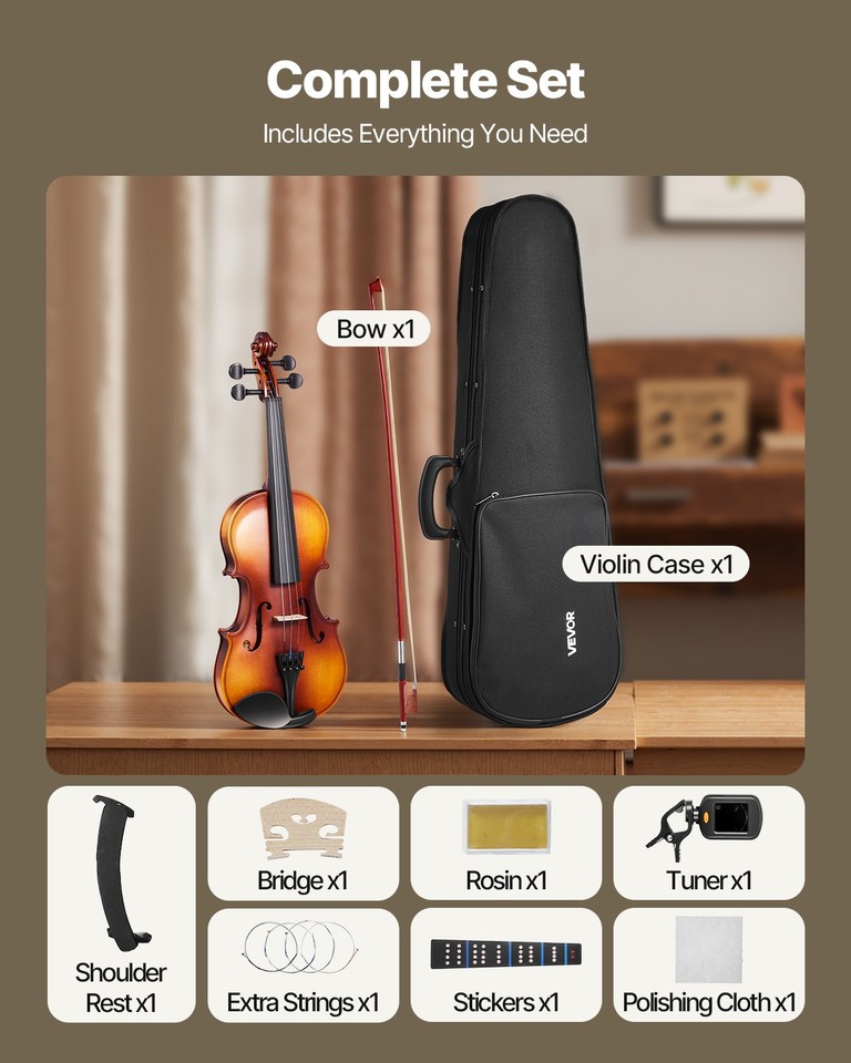 Violin 4/4 Size Fiddle Set for Adult Beginners with Case Rosin Brown | eBay