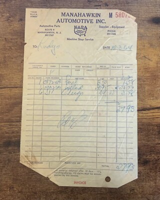 Vintage 1964 Manahawkin NJ Automotive Inc. Invoice Billhead Rt 9 NAPA ...