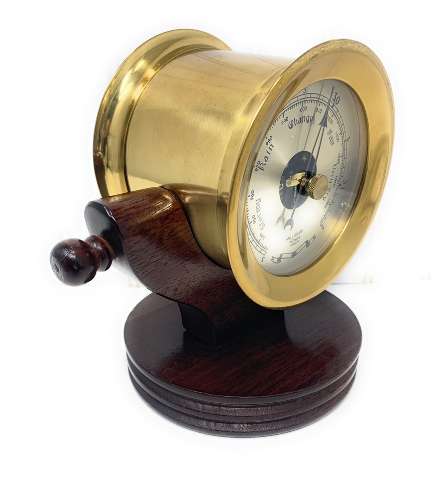Vintage Polished Brass Ships Clock & Barometer with Wood Base | eBay