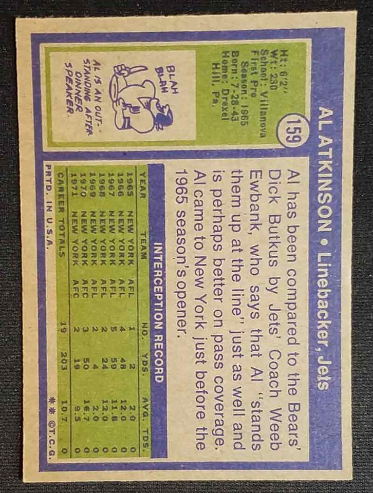 1972 Topps #159 Al Atkinson New York Jets EX-MINT | eBay