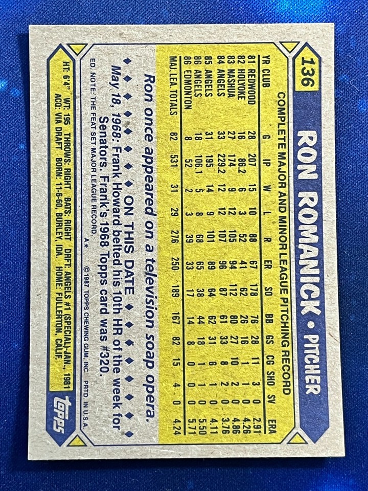 1987 Topps #136 Ron Romanick California Angels | eBay