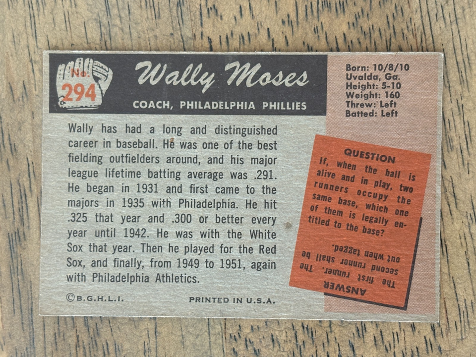 Wally Moses 1955 Bowman Baseball High Number #294 Phillies EX-MT RARE ...