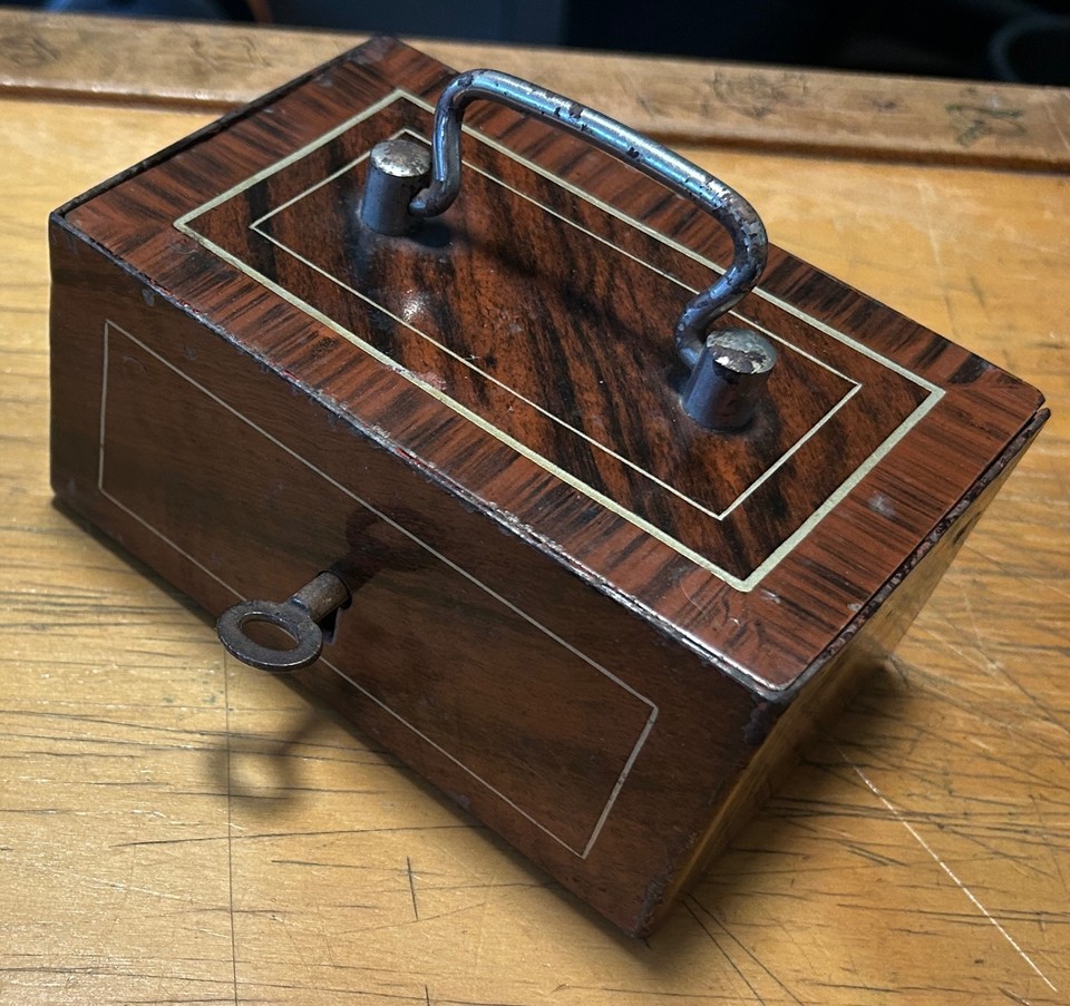 ANTIQUE WOODGRAIN FINISH SMALL HEAVY 1800'S STRONG BOX + SKELETON KEY ...