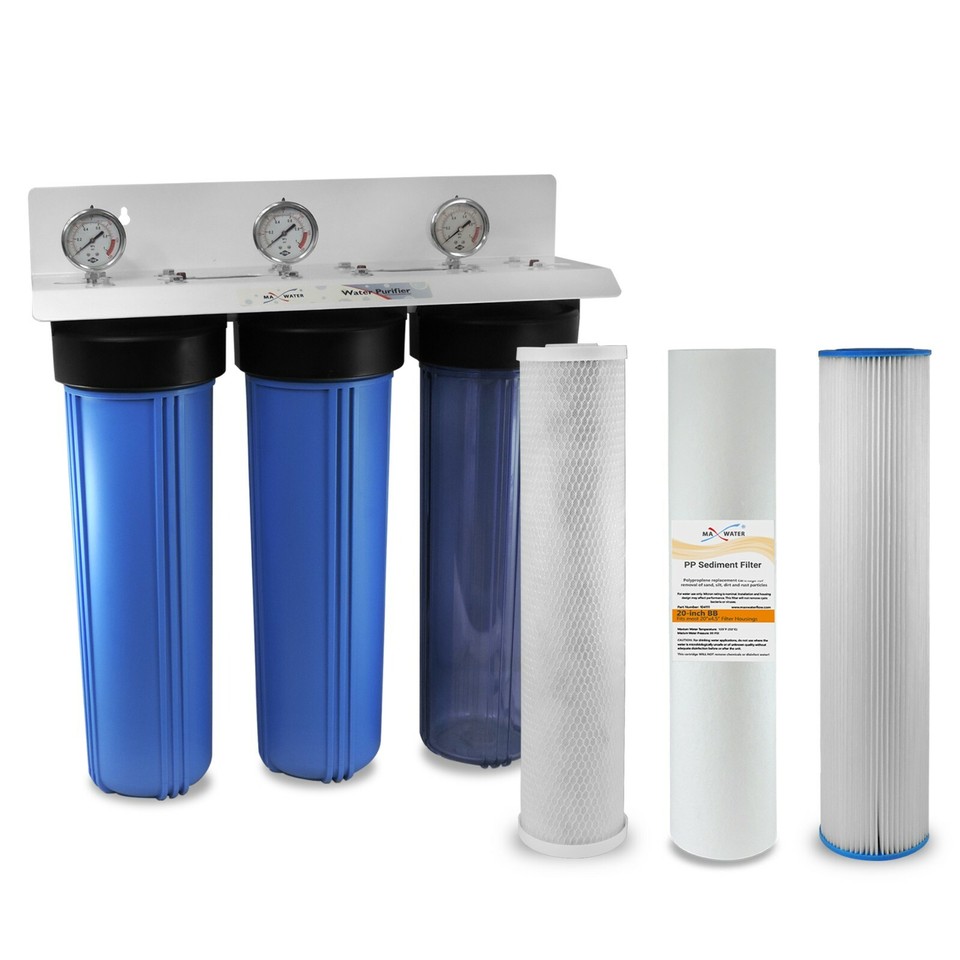 Max Water 3 Stage Big Blue 1" Port Whole House Water Filter + Pressure ...