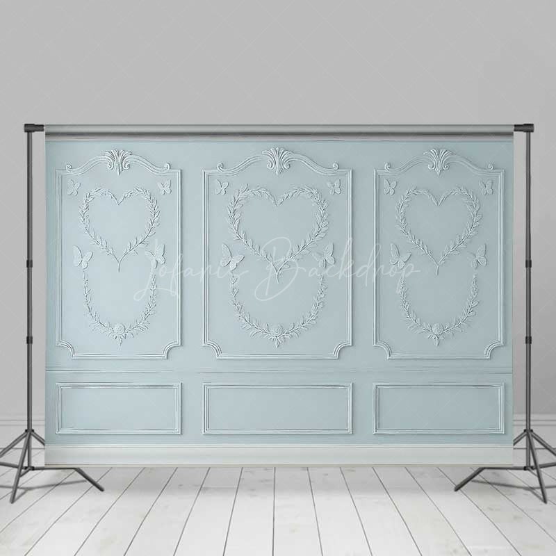 Light Blue Wall Photography Backdrop With Heart Shaped Wreaths And ...