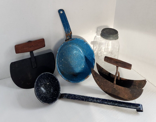 VTG Lot 5 Primitive Farmhouse Kitchen Utensils / Granite ware / Mason ...