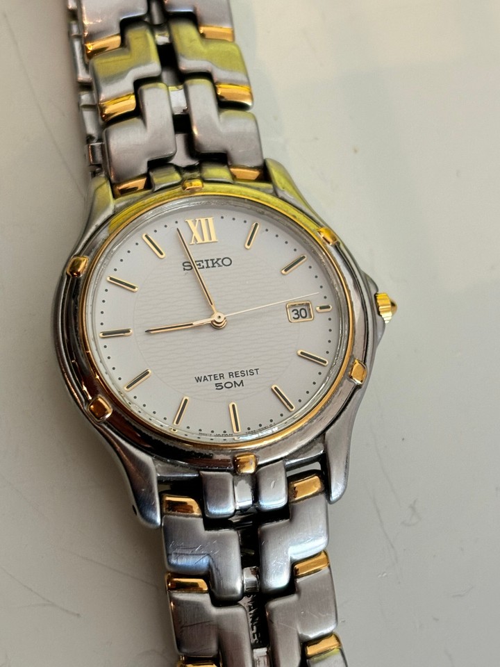 Mens SEIKO Quartz 50M 7N32-0049 Date Silver Gold Tone Wristwatch SWISS ...