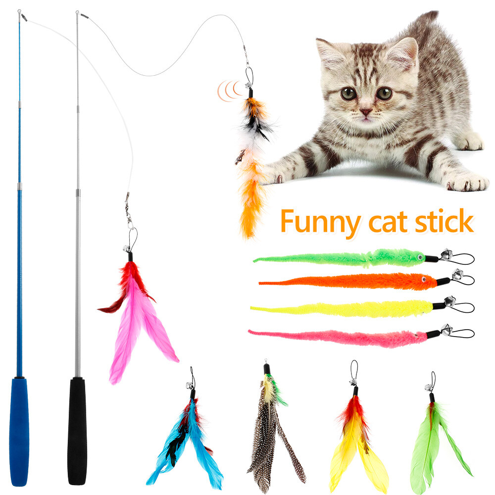 12PCS Cat Toys Feather Funny Stick Teaser Wand Interactive Kitten Pet ...
